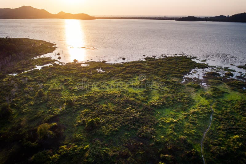 Landscape and Lake Aerial View at Sunset Stock Photo - Image of ...
