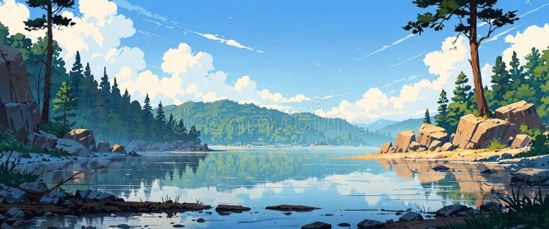 Landscape, Lake, Bottom View, 2d Style, Animation, Game 2d Style. Stock ...