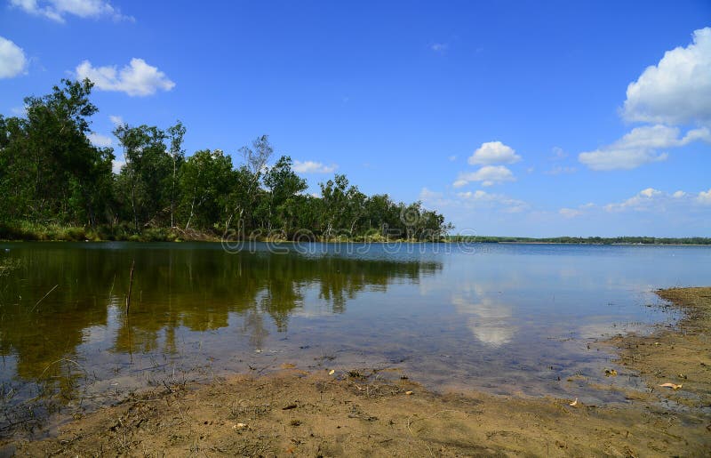 Landscape of the Lake and the Grass Field with Blue Sky Stock Image ...