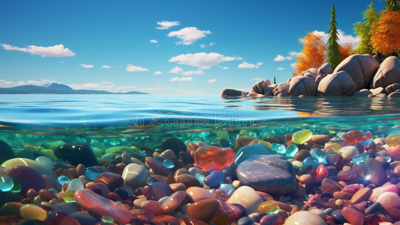 Landscape of a Lake of Transparent Water with Multicolored Stones Stock ...