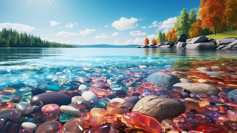 Landscape of a Lake of Transparent Water with Multicolored Stones Stock ...