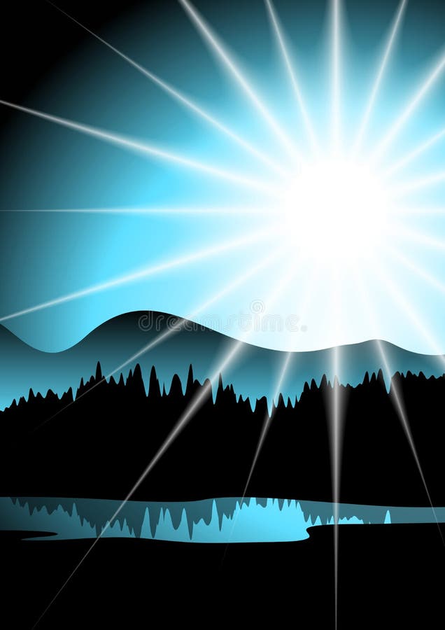Landscape with Lake, Trees and Sun Stock Vector - Illustration of ...