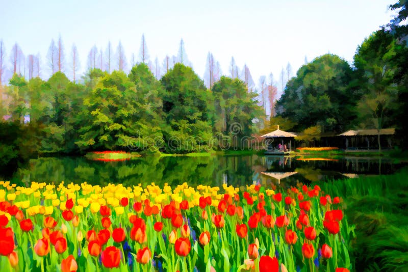 The Landscape of the Lakeside Stock Image - Image of spring, pavilion ...
