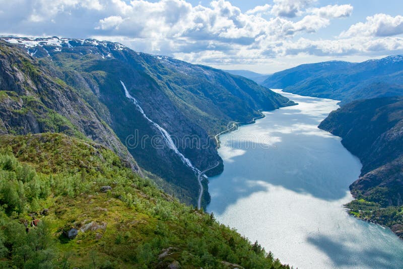 Landscape of the Langfoss Waterfall and Mountains in Akrafjorden ...