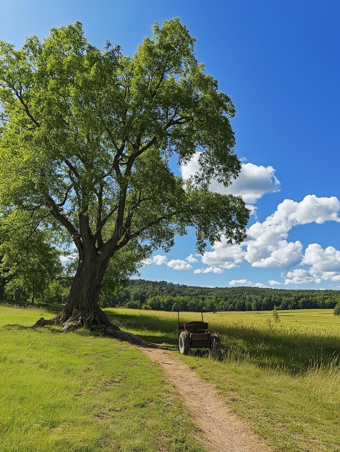 Landscape with a Large Tree and a Tractor Under a Blue Sky in a Grassy ...
