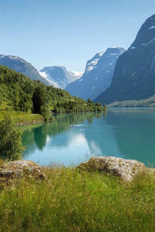 Landscape of Lodalen Valley and Lovatnet Lake, Norway Stock Photo ...