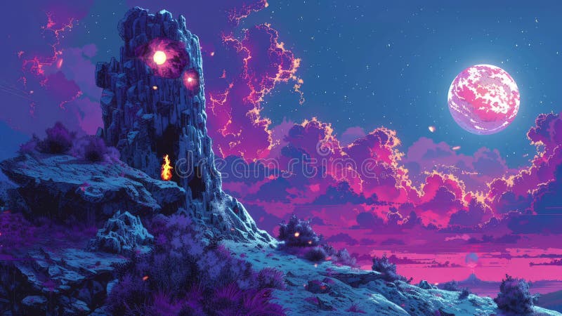 Landscape, Lofi Animated Loop, Chill, Relaxing, Calm, Full Moon, Fire ...