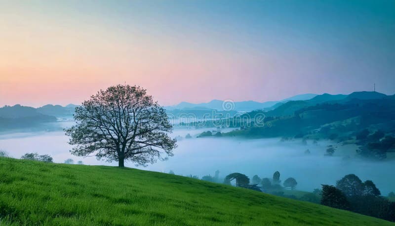 Landscape of a Lone Tree Standing on a High Mountain with Beautiful Sky ...