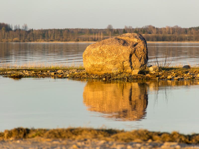 Landscape with a Lonely Stone on the Lake Shore Stock Photo - Image of ...