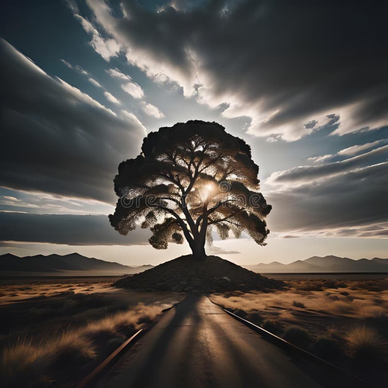 Landscape with a Lonely Tree on the Road. Generative Ai Stock ...