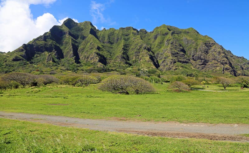 Kualoa Ranch panorama stock image. Image of island, cliff - 210236059