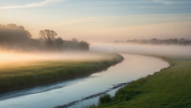 Landscape of a Meadow with a River Covered in Fog in the Morning. Stock ...