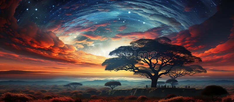 Landscape with Milky Way Galaxy Stock Illustration - Illustration of ...