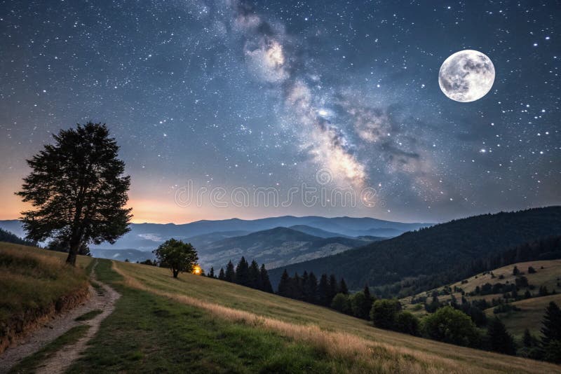 Landscape with Milky Way Galaxy and Full Moon Stock Illustration ...