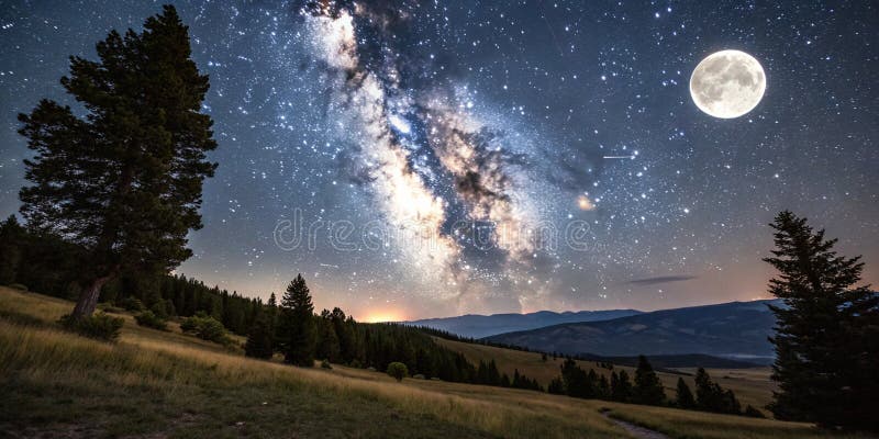 Landscape with Milky Way Galaxy and Full Moon Stock Illustration ...