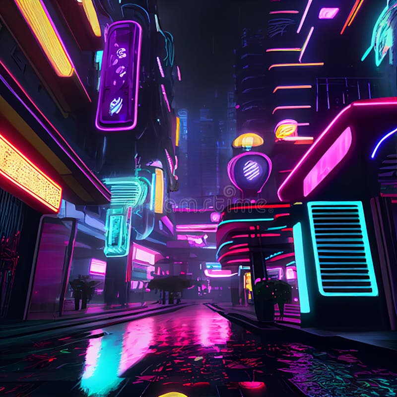 Landscape of Modern Neon City Night Stock Illustration - Illustration ...