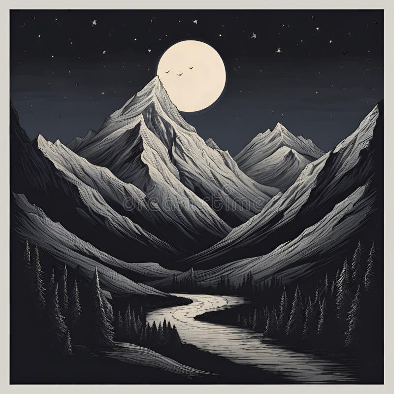 Landscape with Moon and a Spooky Mountain at Night Stock Illustration ...
