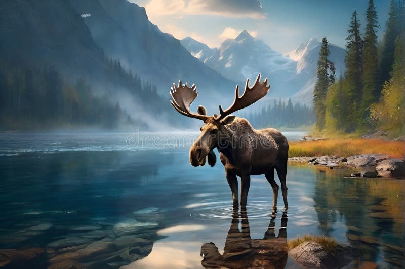 Landscape with the Moose in the Lake Stock Illustration - Illustration ...