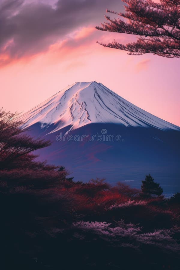 Landscape of Mount Fuji Covered by Snow Over Forest, Created Using ...