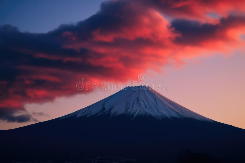 Landscape of Mount Fuji Covered by Snow Over Orange Sky, Created Using ...