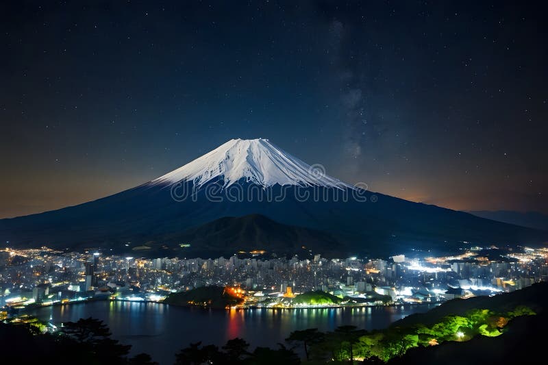 A Landscape of Mount Fuji at Night Stock Image - Image of light, winter ...