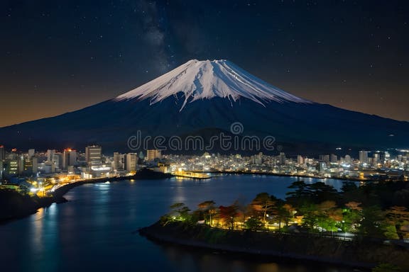 A Landscape of Mount Fuji at Night Stock Photo - Image of lake ...