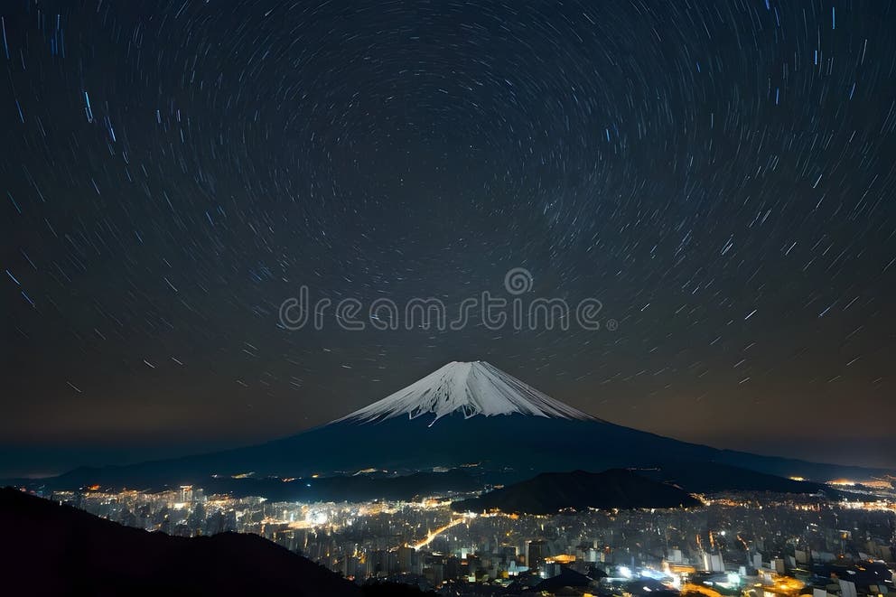A Landscape of Mount Fuji at Night Stock Image - Image of stars, autumn ...