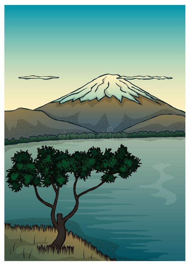 Landscape with Mount Fuji stock vector. Illustration of poster - 241968587