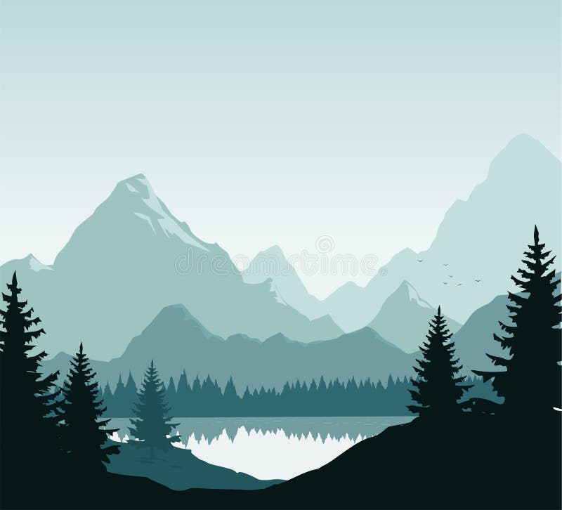 Landscape with Mountain and Lake Morning Forest Stock Illustration ...