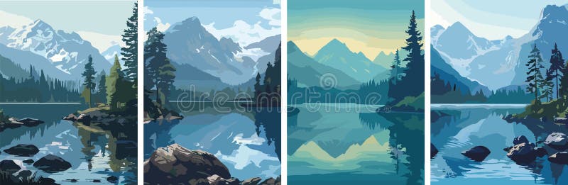 Landscape Mountain Lake Posters Set Stock Vector - Illustration of ...