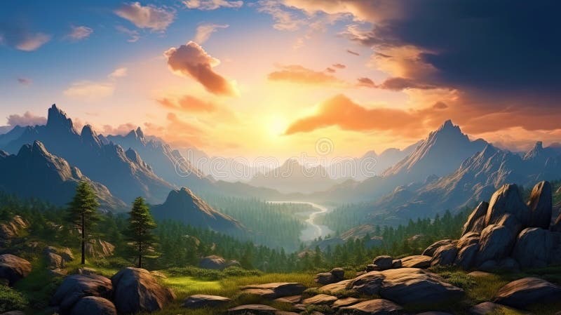 The Landscape of the Mountain Range in Dawn Rays Stock Illustration ...