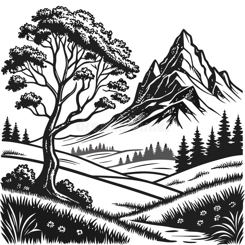 Landscape with Mountain Range, Glass and Tree. Vector Illustraton ...