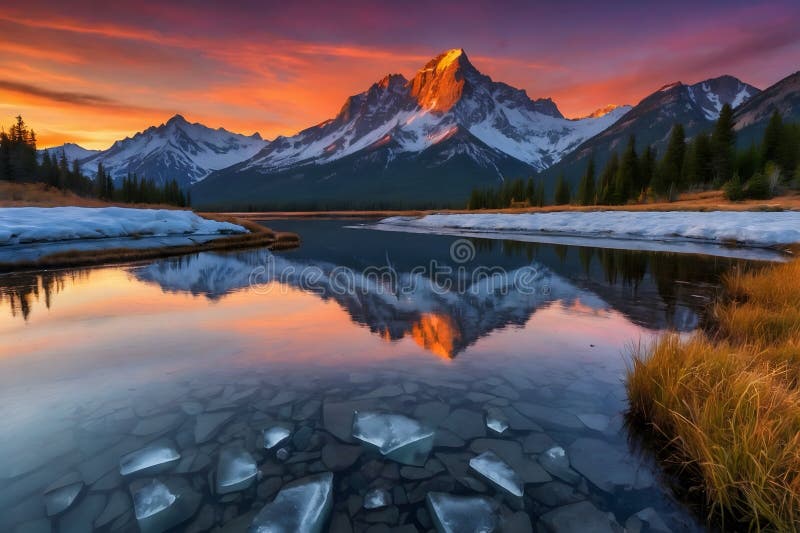 A Landscape of an Icy Mountain at Sunset Stock Image - Image of ...