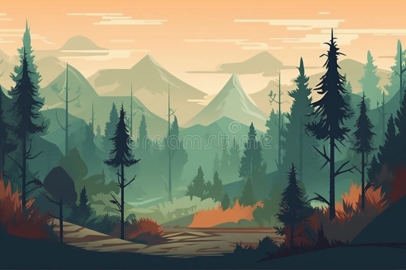 Landscape with Mountains and Coniferous Forest. Vector Type ...