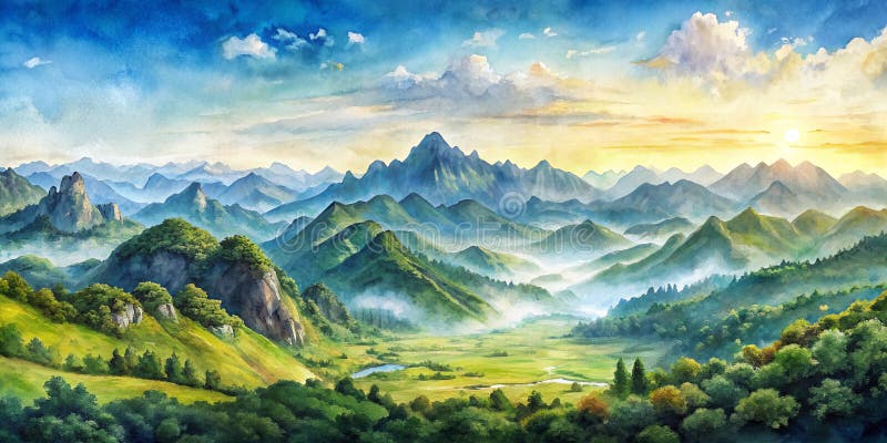 Landscape with Mountains Equirectangular Panorama Watercolor Drawing AI ...