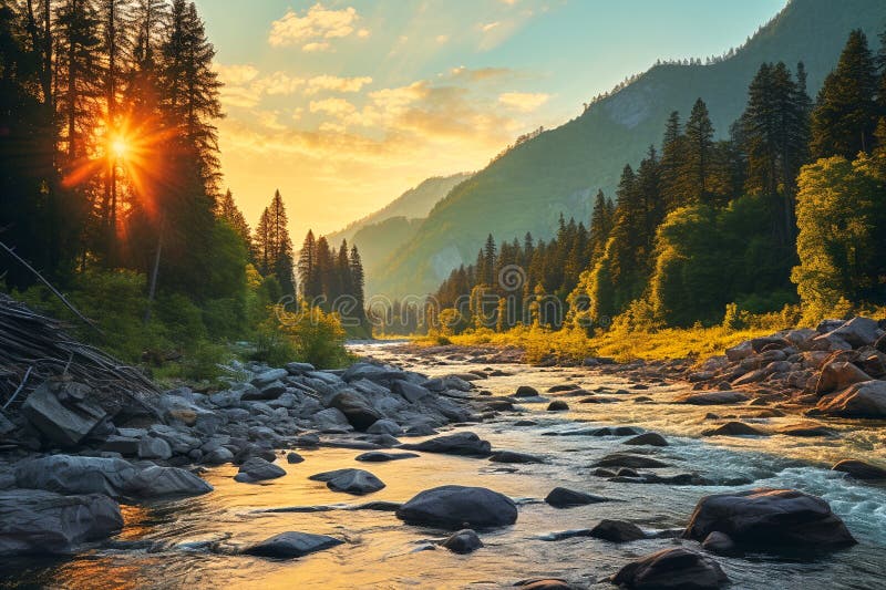 Landscape with Mountains, Forest and River at Sunset Stock Photo ...