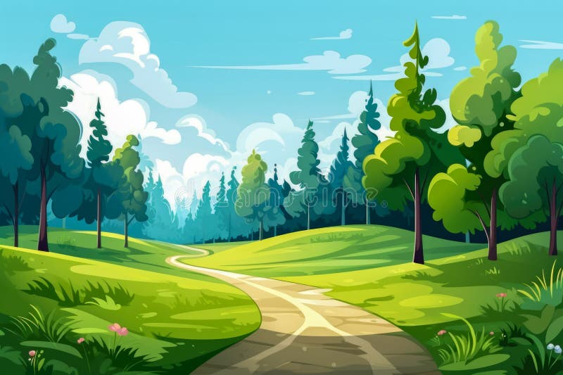 Landscape with Mountains, Forest and Road. Cartoon Illustration. Stock ...