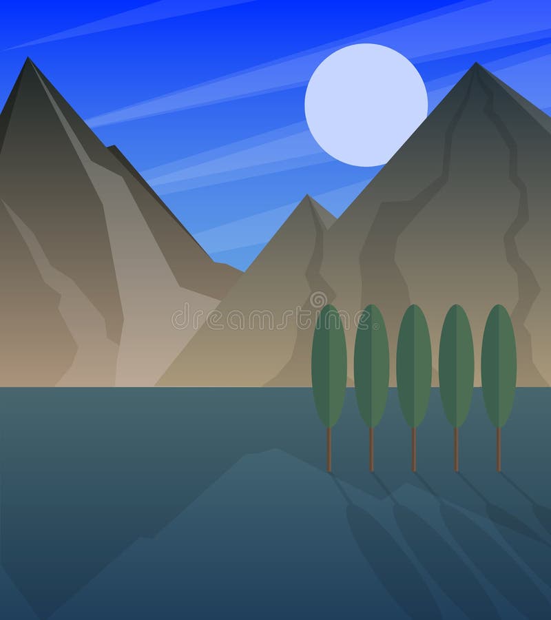 Landscape of the Mountains in the Full Moon Stock Vector - Illustration ...