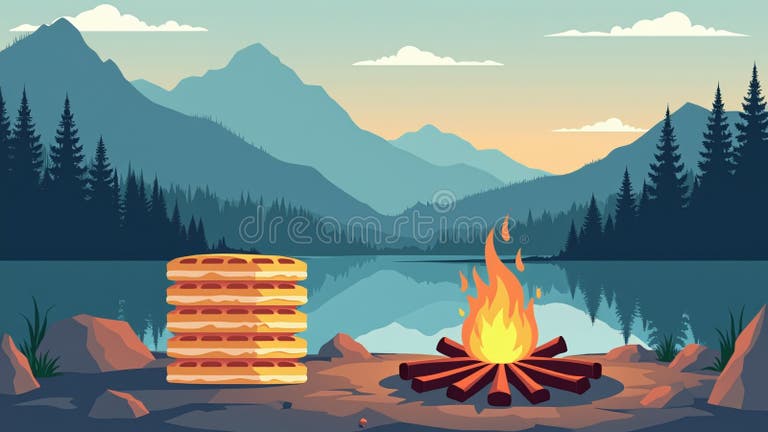 Lake Landscape with Mountains, Campfire, and Waffles Stack Stock ...