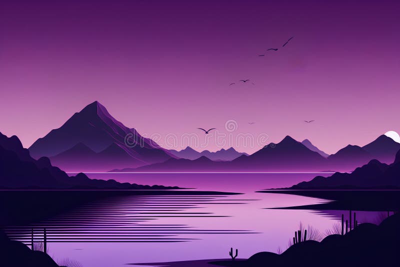Landscape with Mountains and Lake in Purple Colors. Vector Illustration ...