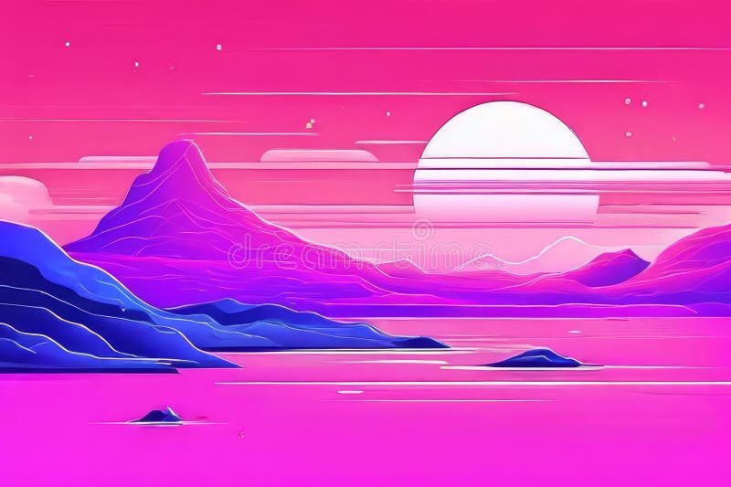 Landscape with Mountains, Lake and Sunset. Vector Illustration in Flat ...