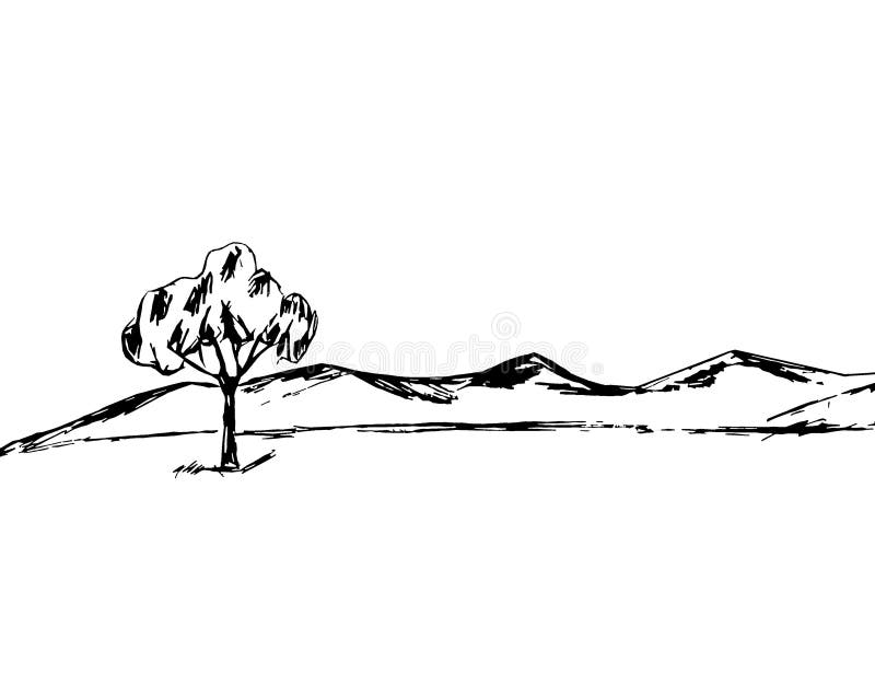 Landscape with Mountains and a Lone Tree in Black on a White Background ...