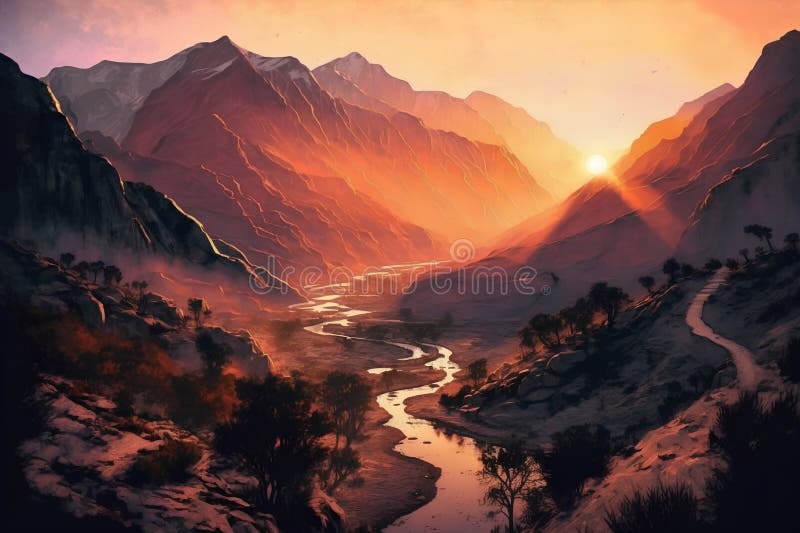 Landscape of Mountains and River at Sunset. Digital Art Painting Stock ...