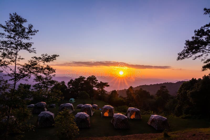 Landscape of Mountains , Sunset ,pine Tree ,Camping Tent ,Thailand ...