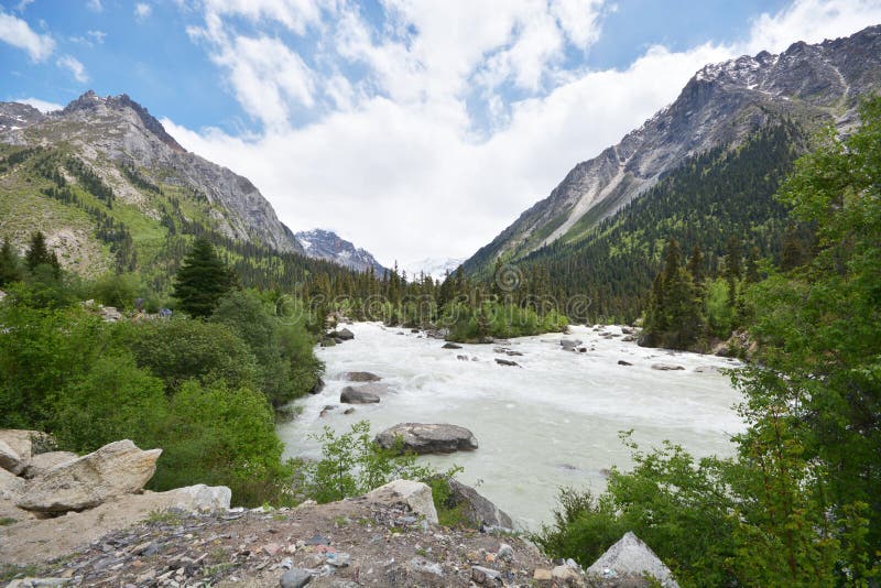 Landscape with Mountains Tree River Stock Photo - Image of china ...