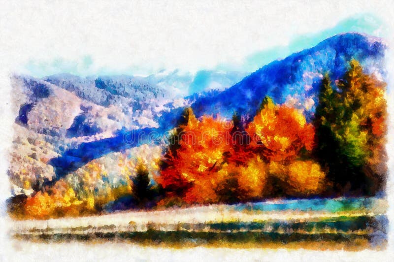Landscape with Mountains and Trees, Aquarel and Computer Effect. Stock ...