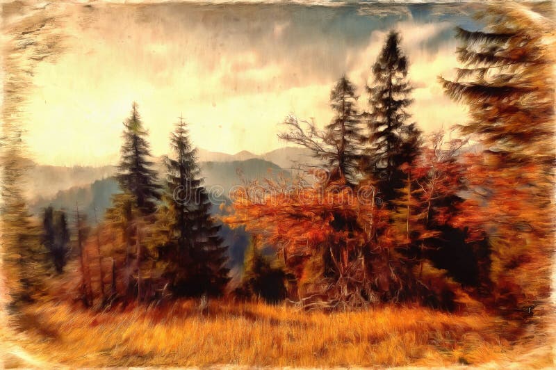 Landscape with Mountains and Trees, Aquarel and Computer Effect. Stock ...