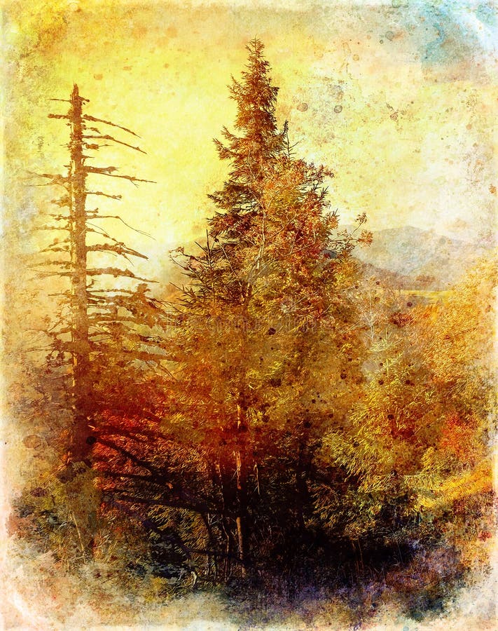 Landscape with Mountains and Trees, Aquarel and Computer Effect. Stock ...