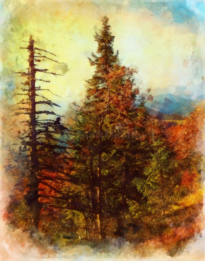 Landscape with Mountains and Trees, Aquarel and Computer Effect. Stock ...