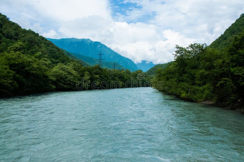 Landscape with Mountains Trees and a River Stock Image - Image of ...